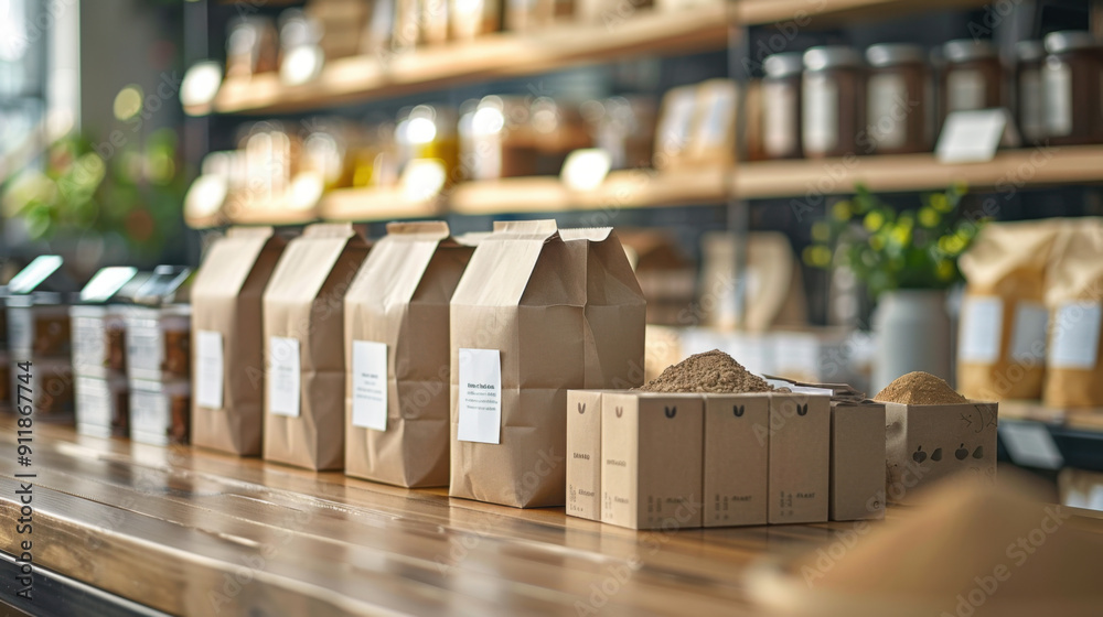 Various organic food products in paper packaging arranged neatly on a ...