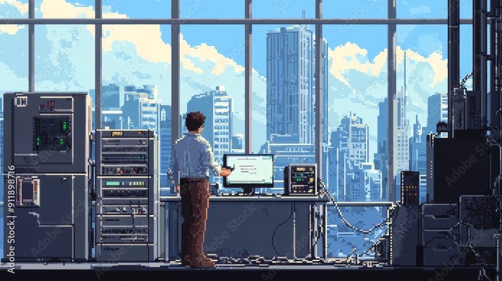 Ilustración de Stock An 8-bit pixel art electrician testing circuits in ...