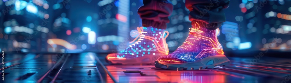 Feet with digital art patterns in cyberpunk setting, side view ...