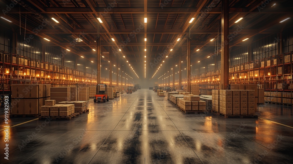 A spacious warehouse filled with boxes and pallets, showcasing ...