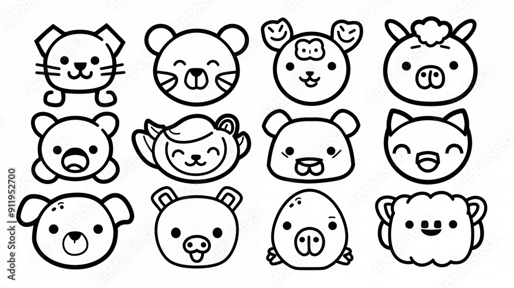 Twelve cute animal faces in a black and white outline style. Stock ...