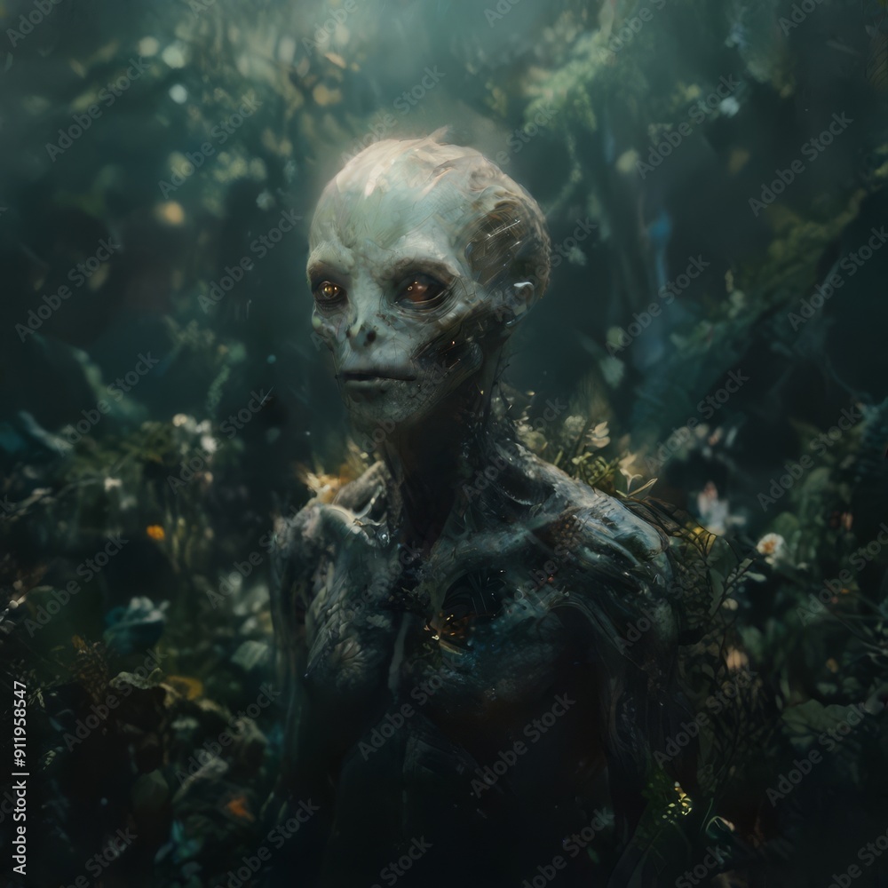 A shimmering ethereal alien, its translucent skin glows with an ...