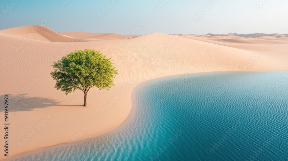 Single fruit-bearing tree, vibrant green leaves, desert oasis, clear ...
