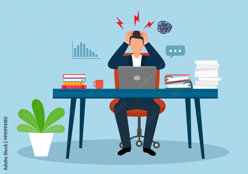 Busy businessman stressed due to excessive work with full of paperwork ...