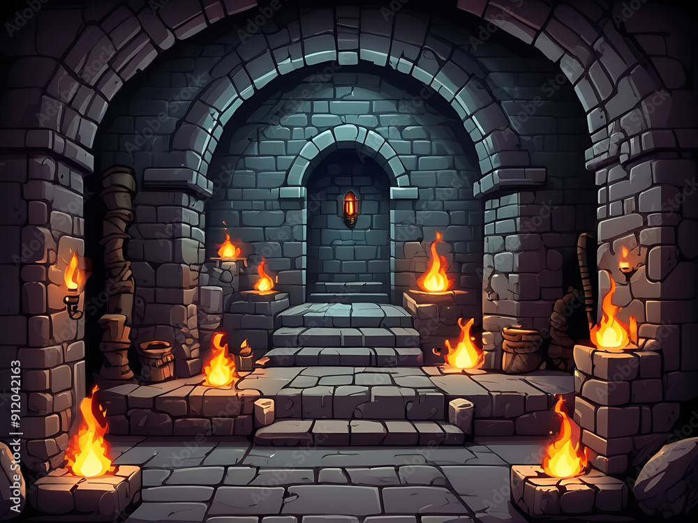 Illustration of a pixel art dungeon background with stone walls ...