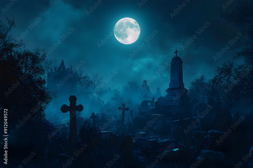 Spooky cemetery with old gothic tombstones and crosses at night with ...