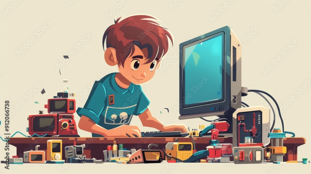 Cartoon vector person building a computer from components Stock ...
