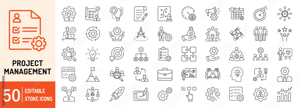 Project Management editable stroke outline web icons set. Project ...
