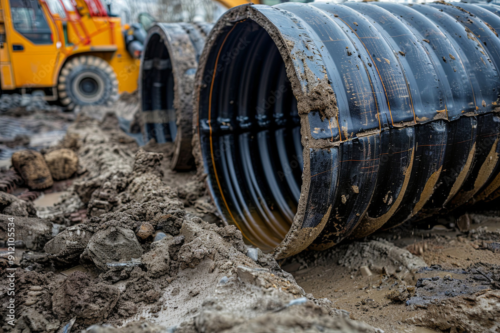 Installing underground sewer pipes for wastewater disposal. Concepts of ...