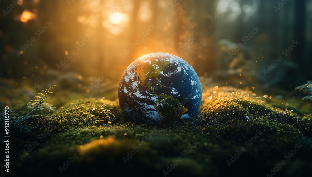 3d rendering of planet earth surrounded by green plants. The background ...