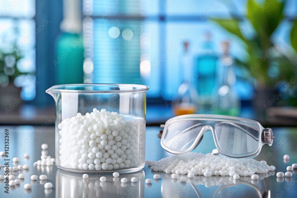 White crystalline sodium hydroxide pellets in a laboratory beaker with ...