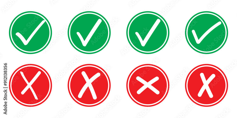 Green check mark, red cross mark icon set. Isolated tick symbols, checklist signs, approval ...