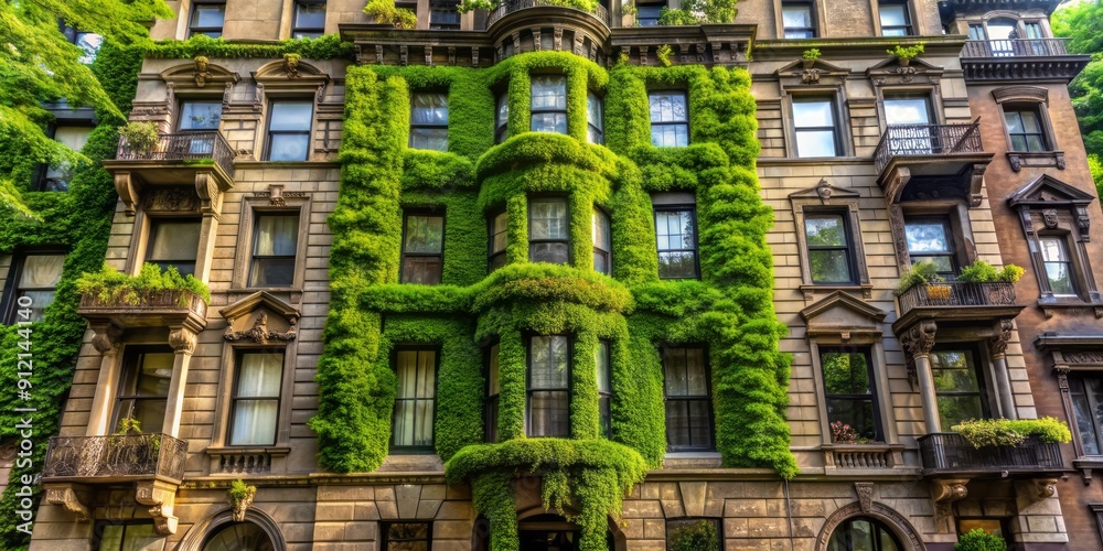 Lush moss and vines overgrow the historic stone facade of a classic Upper West Side Manhattan ...
