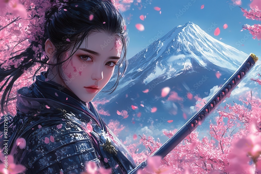female samurai warrior in traditional armor katana drawn cherry ...
