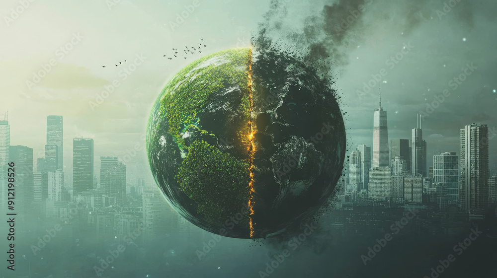 "Eco Solution Concept: A half-sphere depiction of Earth divided into ...