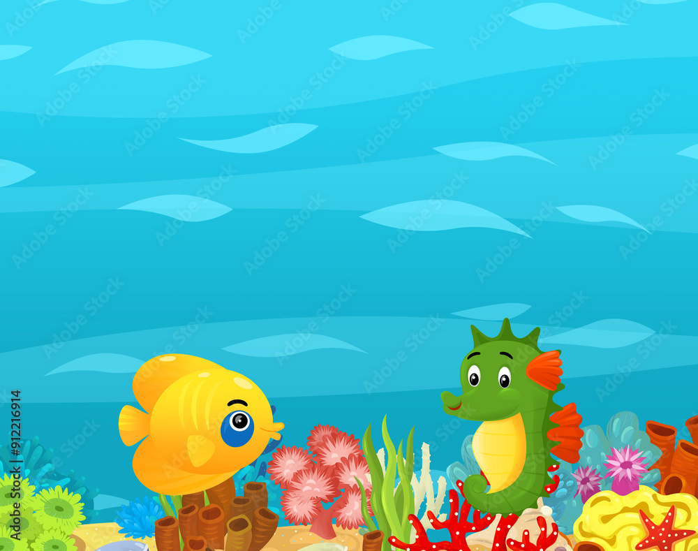 Cartoon ocean and sea coral reef animals of underwater kingdom swimming ...