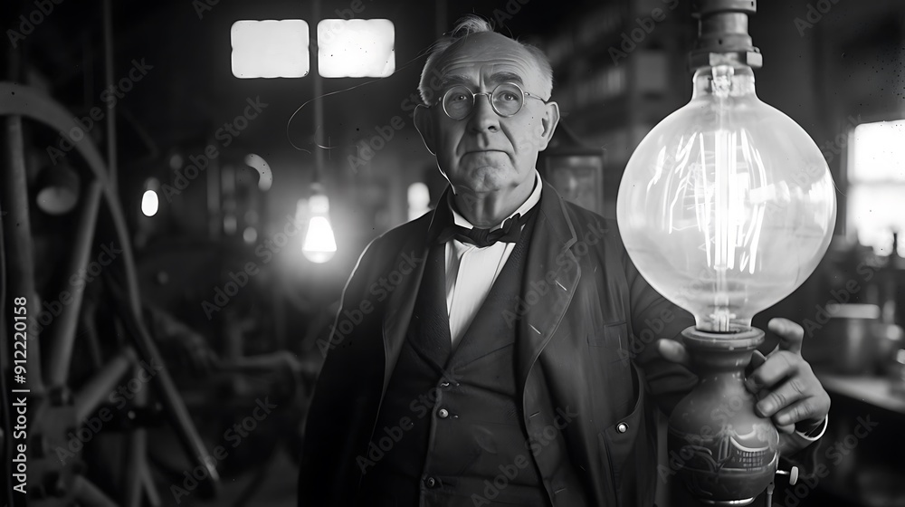 Thomas Edison holding his light bulb invention with symbolizing ...
