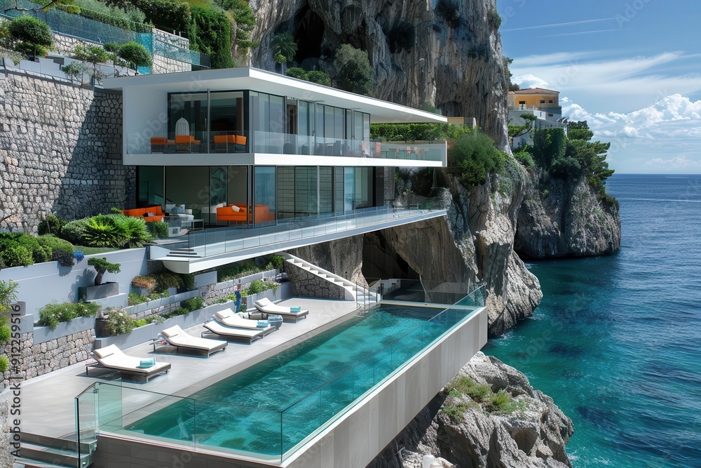 modernist cliffside villa with sleek glass walls infinity pool merging ...