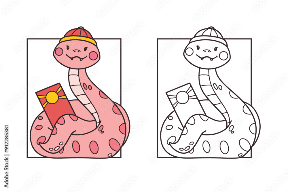 Cute friendly Chinese new year snake colouring page for kids, simple ...