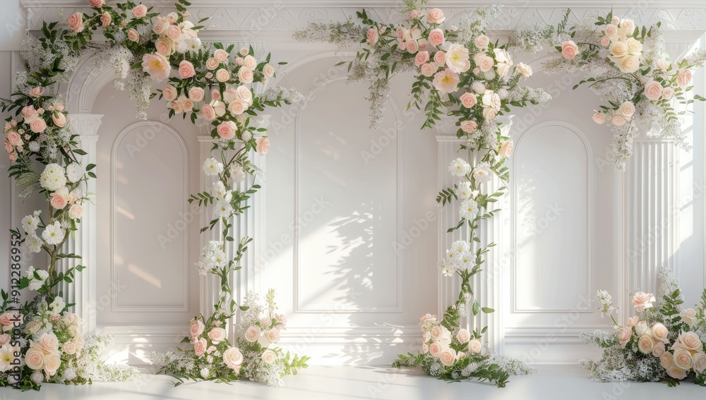 White Columns Decorated with Peach Roses and White Flowers Stock Photo ...