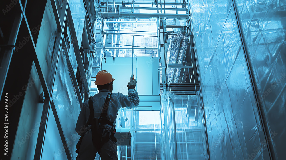 Worker wearing safety gear inspects high-rise building construction ...