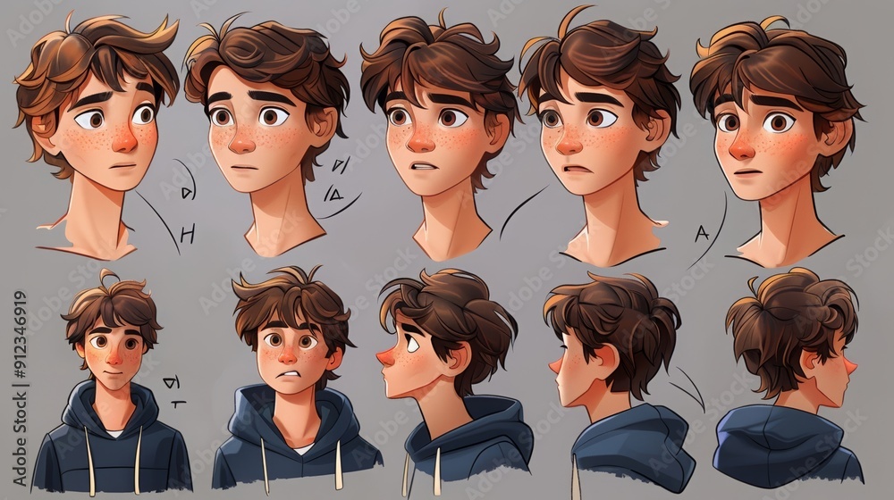 animated character sheet featuring teenage boy with range of facial ...