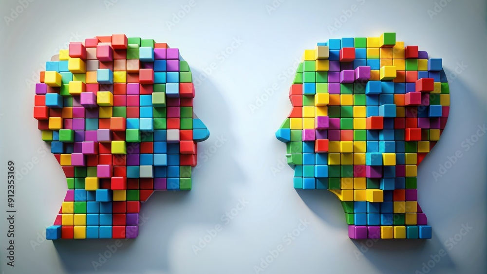 Heads with colorful cubes representing positive and negative mindset ...