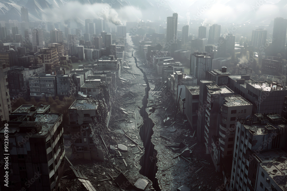 Post-apocalyptic scene of a city affected by a massive earth fissure ...