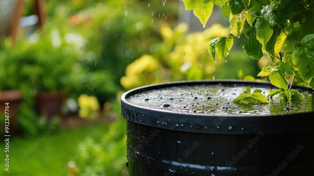 Close-up of a rain barrel in a garden, with water droplets glistening ...