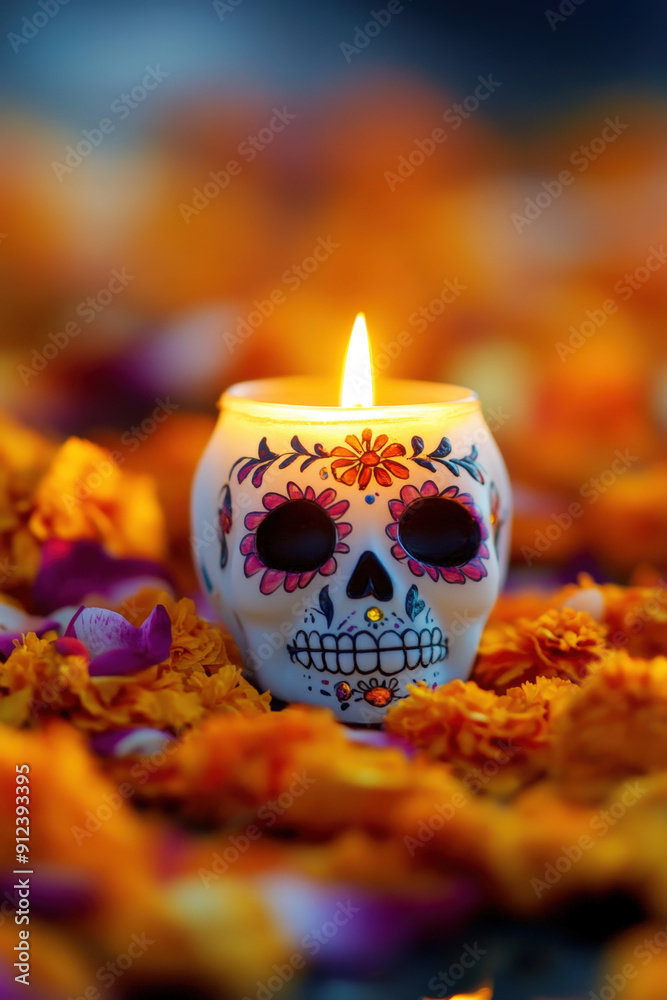 Burning candle inside a traditional sugar skull surrounded by ...