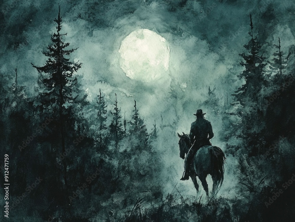 Mysterious phantom horseman riding through a dark moonlit forest in a ...
