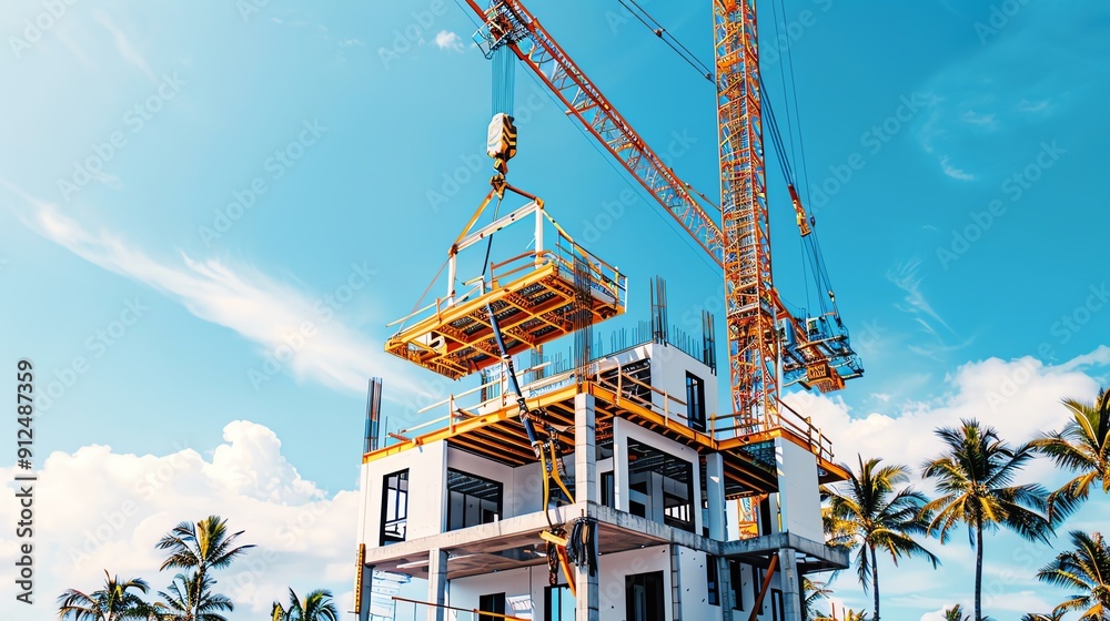 Tower crane lifting prefabricated sections for a modular home ...