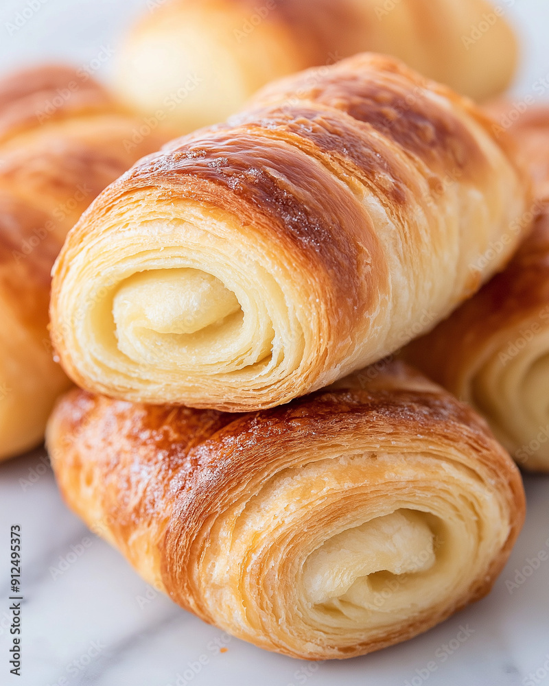 Close-up of pain au chocolat with flaky crust | Golden brown, freshly baked pastries | Marble ...