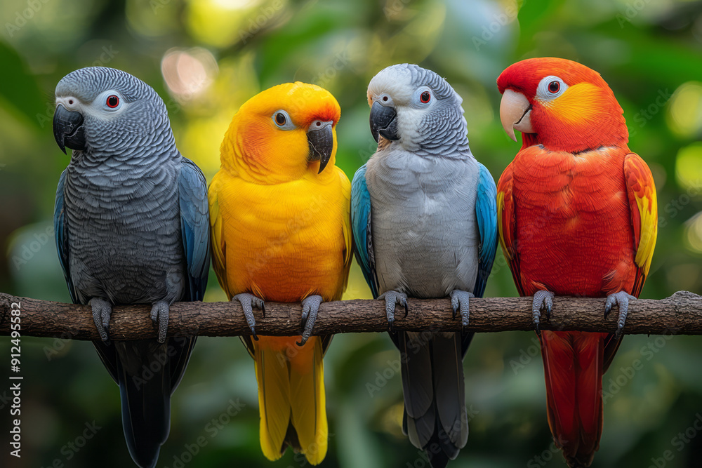 Four birds--African Grey Parrot, Budgerigar, Cockatoo, and Lovebird ...