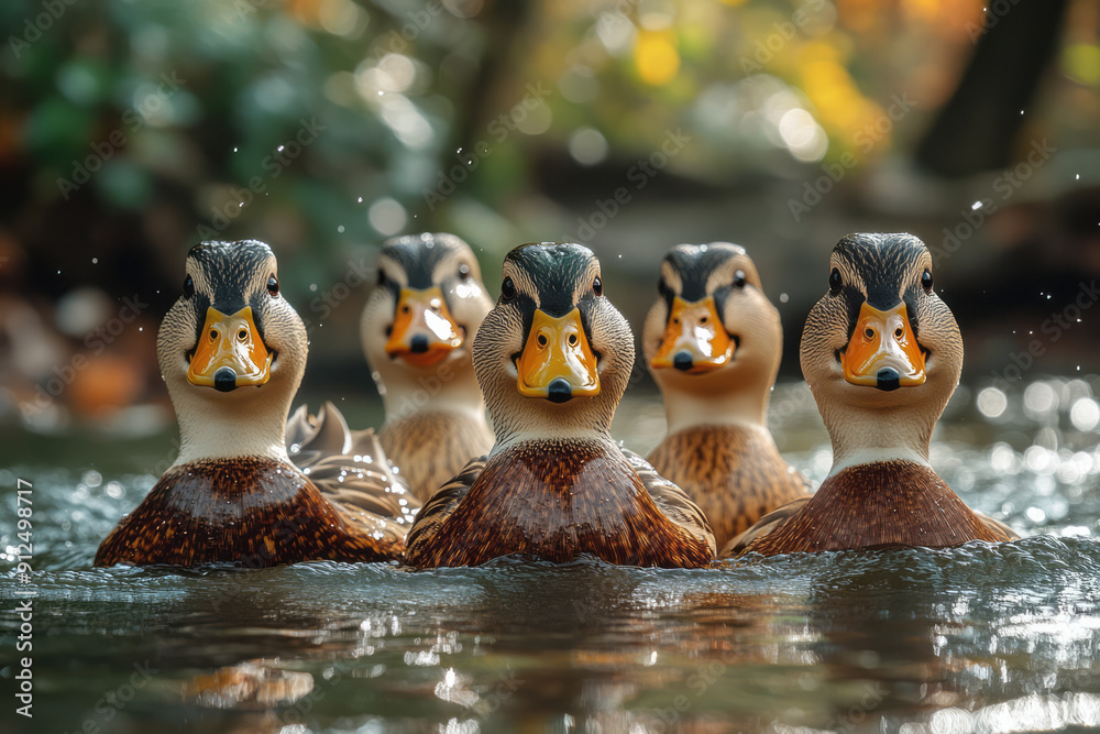 Four ducks--Mallard, Pekin, Muscovy, and Indian Runner--swimming ...