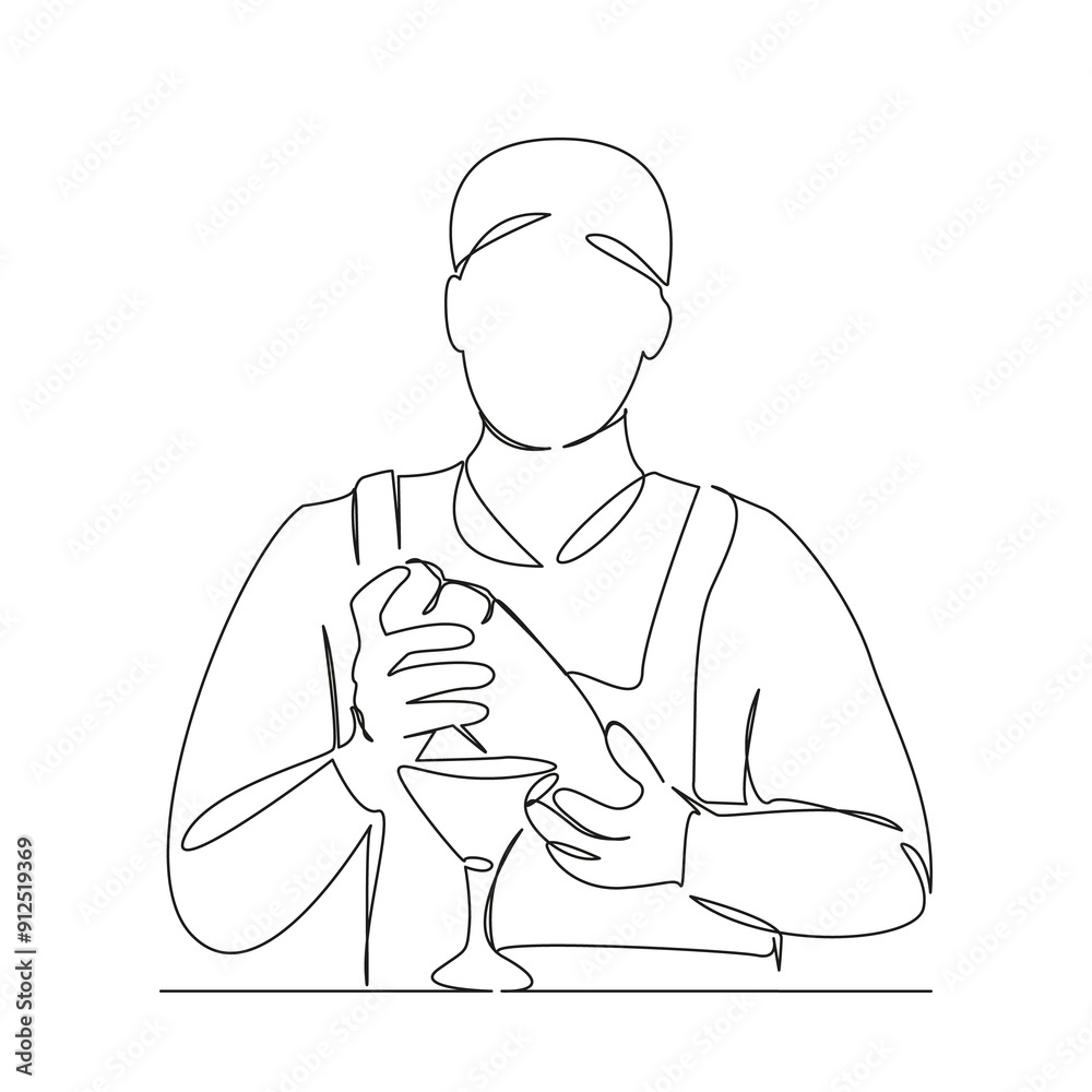 One continuous single drawing line art flat doodle bar, bartender ...