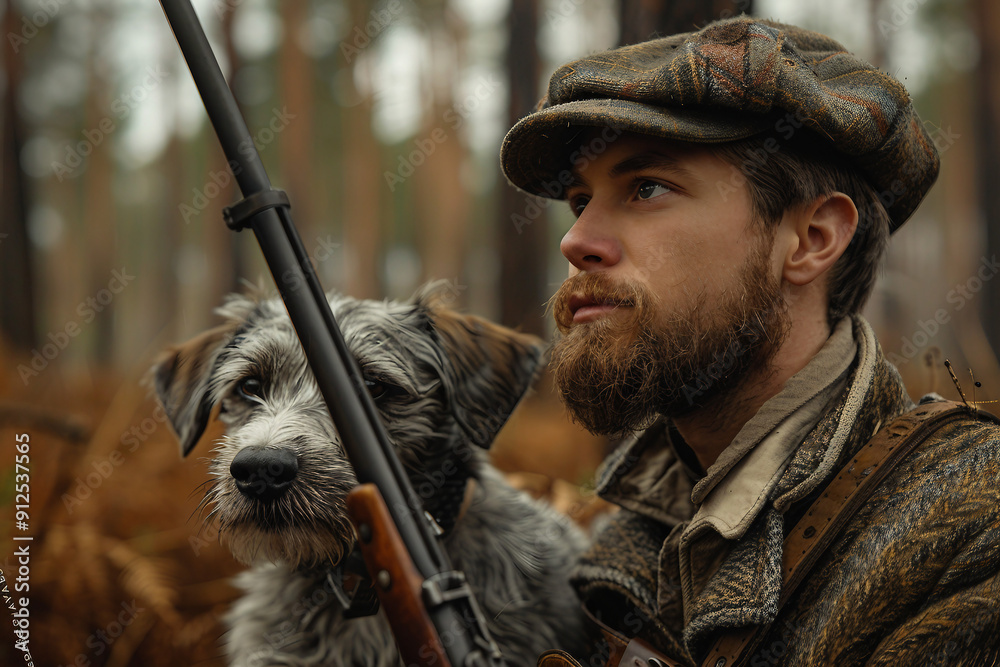 Hunter male female shooting from rifle gun in woods safari hunting ...