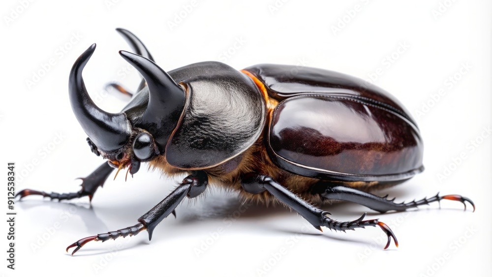Macro shot of a majestic rhinoceros beetle with shiny black body and ...