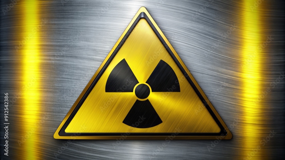 Warning symbol on a metallic surface, indicating radioactive material ...