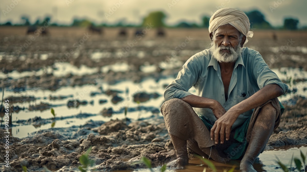 sad asian farmer sitting in farm, field filled with excessive rain water Stock Photo | Adobe Stock