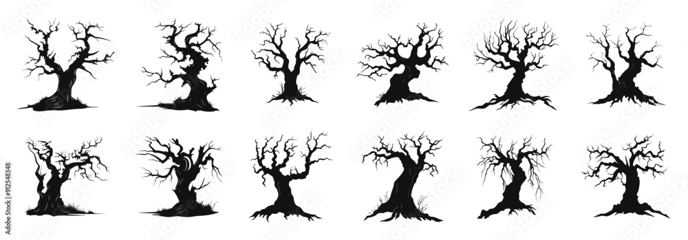 Haunted trees vector cartoon illustration. Collection of eerie, bare ...