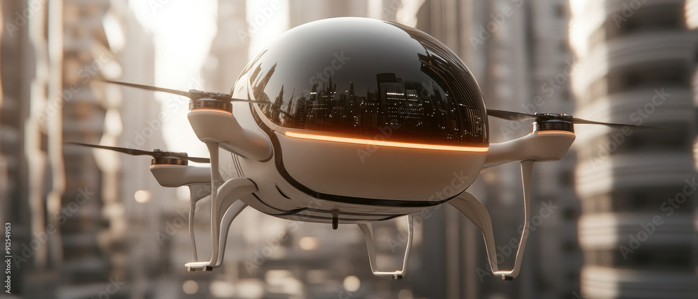 Explore advanced transport with autonomous drone taxis soaring over a ...