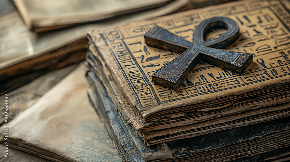 The Ankh symbol resting on a stack of ancient Egyptian texts and ...