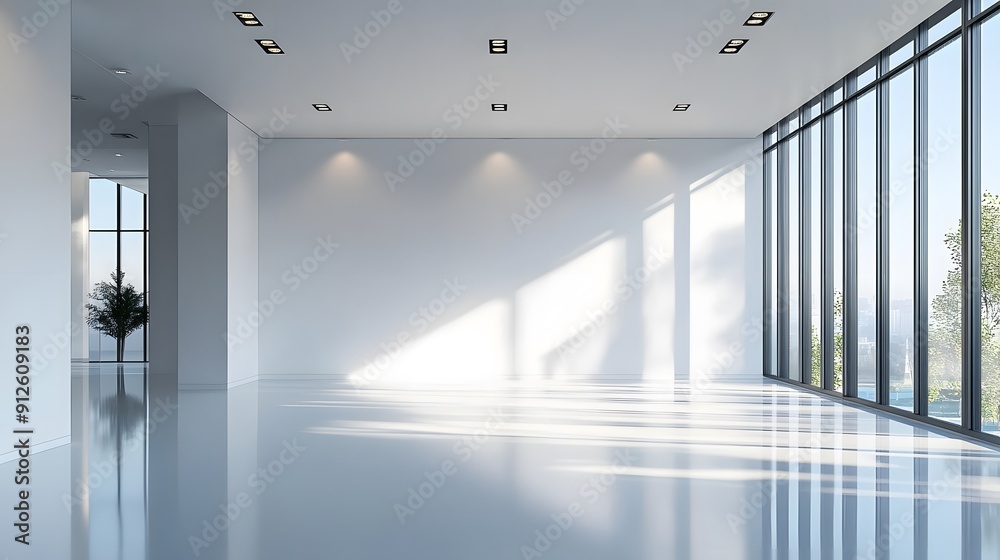 Minimalist empty room, stark white walls, glossy reflective floor, recessed LED ceiling lights ...