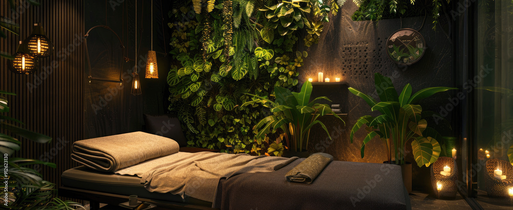 Beauty salon interior in tropical resort, massage bed in spa or ...