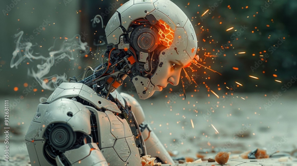 Futuristic robot experiencing a head explosion with sparks and smoke ...