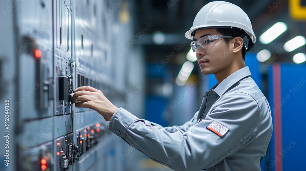 Maintenance engineer checking relay protection system on medium voltage ...