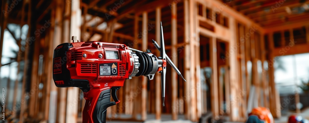 Compressor powering a pneumatic nail gun, residential construction site ...