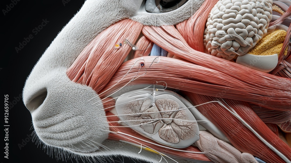 Detailed anatomical illustration of a cat's head, showing muscles ...
