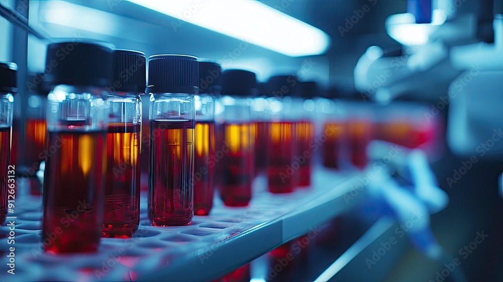A row of blood vials in a laboratory, each labeled with patient ...